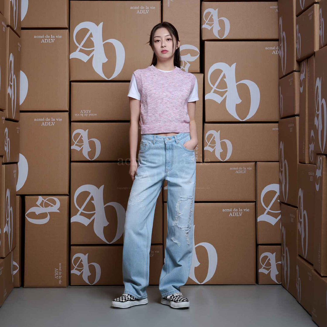 BUY ADLV Knit SYMBOL LOGO MULTI COLOR CROP KNIT VEST BLUE